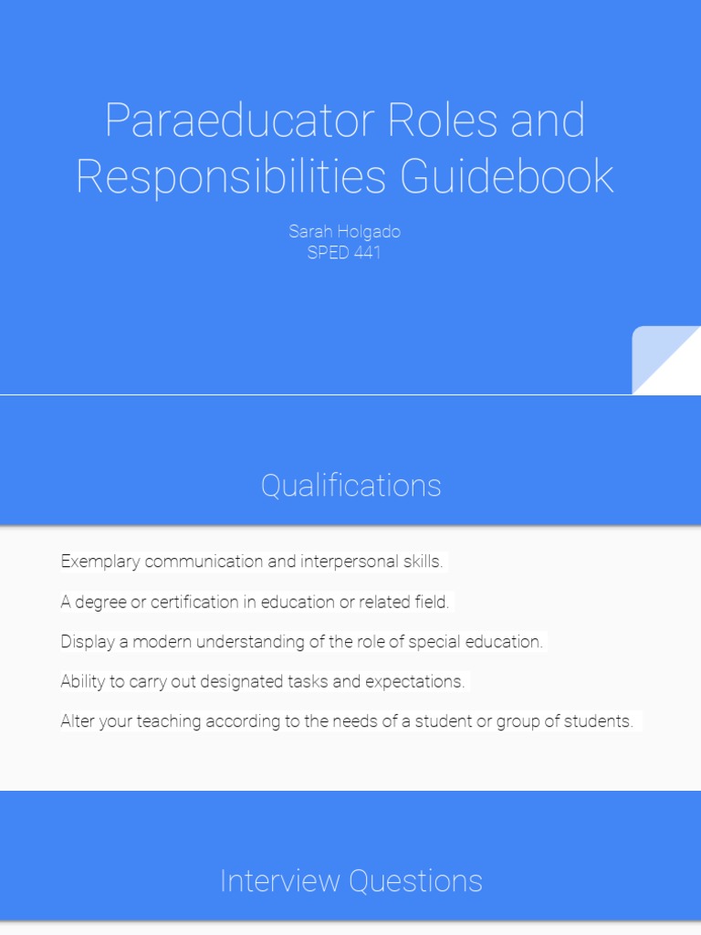 Paraeducator Roles and Responsibilities Guidebook: Sarah Holgado SPED ...