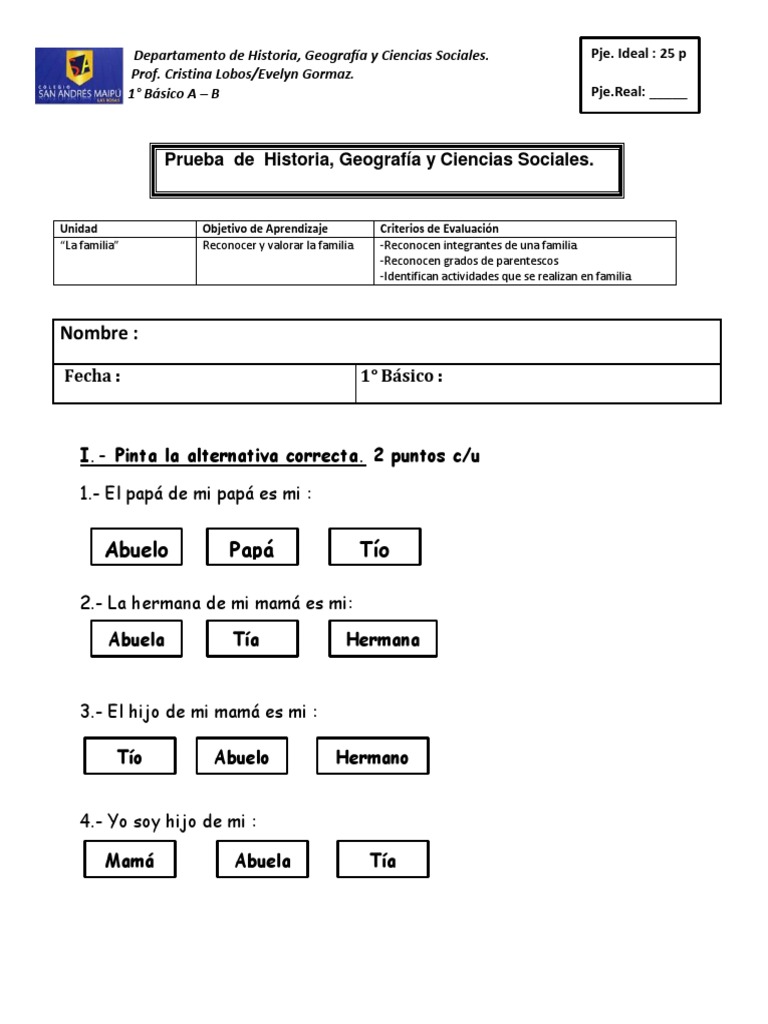 Prueba Historia La Familia | PDF