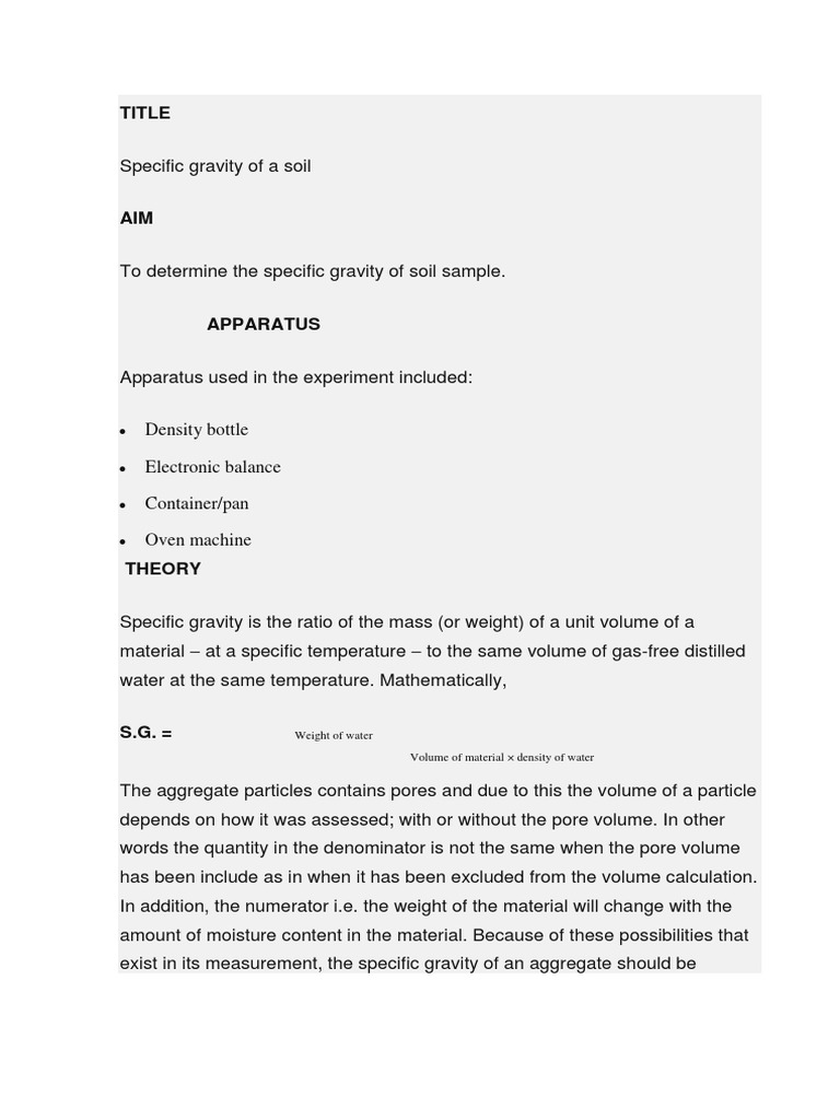 Specific Gravity of Soil | PDF | Density | Porosity