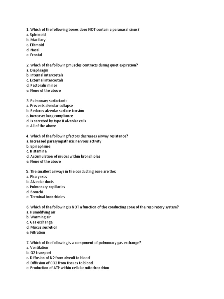 Respiratory Questions | PDF | Respiratory System | Lung