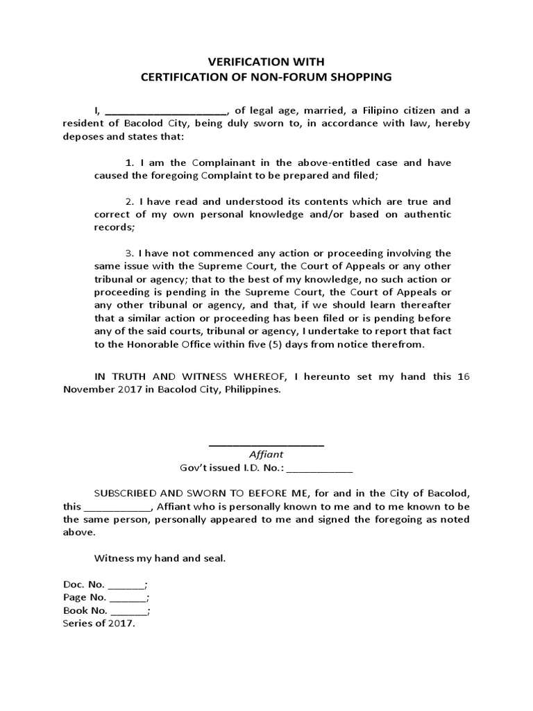 Verification With Certification of Non-Forum Shopping: Affiant | PDF