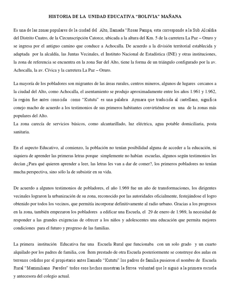 Historia de La Unidad Educativa Bolivia | PDF | Bolivia