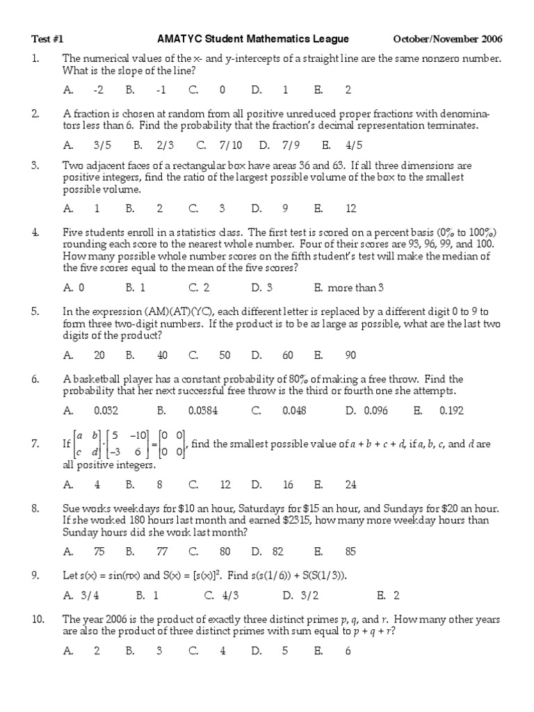 Test #1 AMATYC Student Mathematics League October/November 2006 | PDF ...