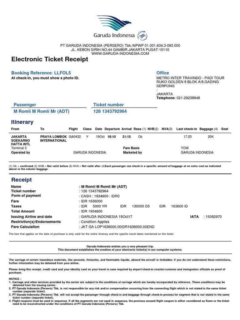 Garuda Indonesia E-Ticket GA0432 | PDF | Dangerous Goods | Aviation