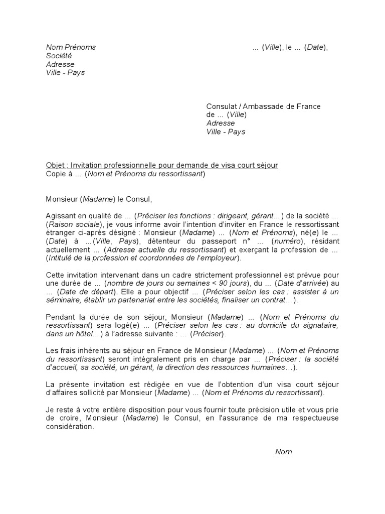modele Lettre d Invitation d Un Client Ou Partenaire Pour Visa Court ...