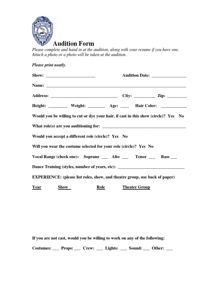 Audition Form | PDF | Audition | Performing Arts