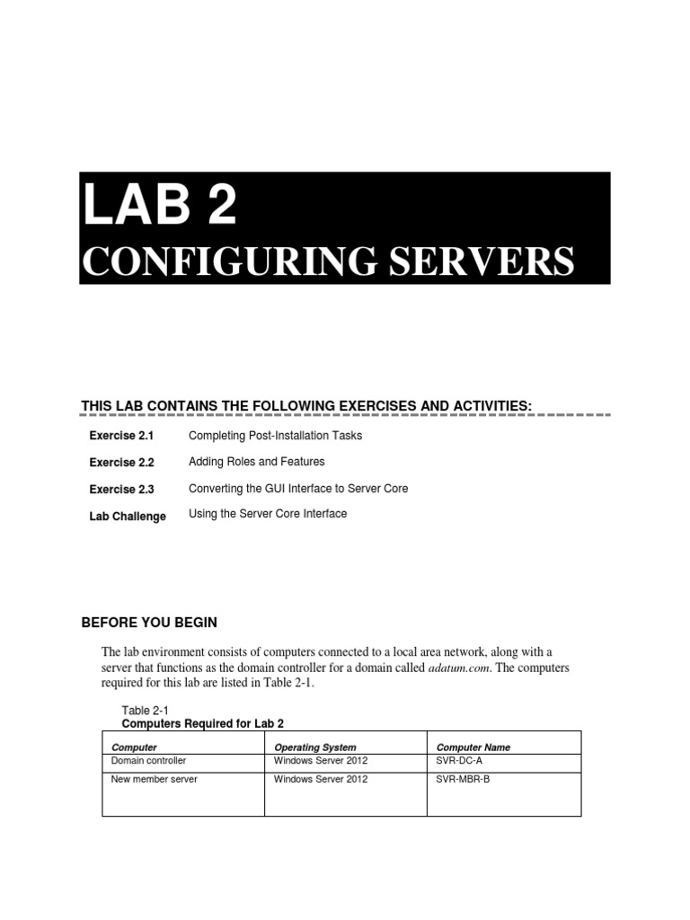 Configuring Servers: This Lab Contains The Following Exercises and ...