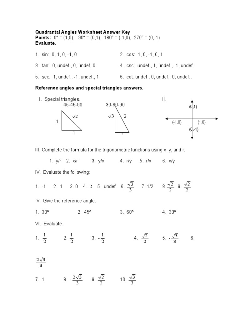 Quadrantal Angles Worksheet Answers | PDF | Teaching Methods & Materials