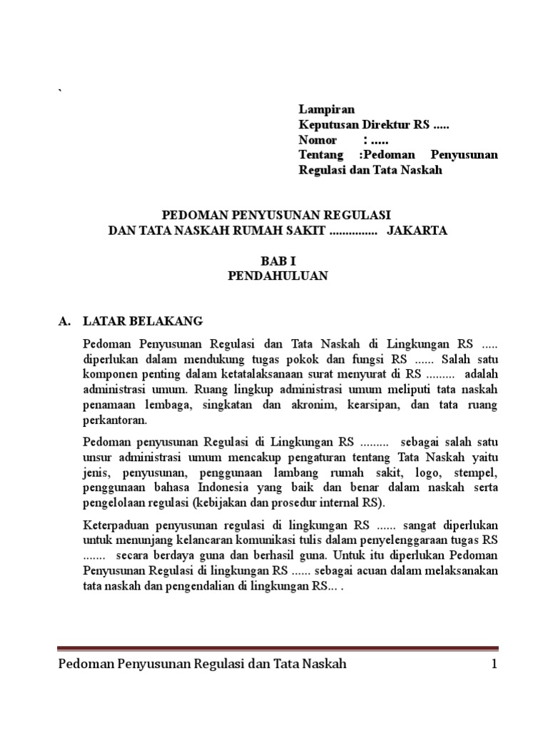Pedoman Penyusunan Regulasi Dan Tata Naskah Rs ..... (Contoh Draft)