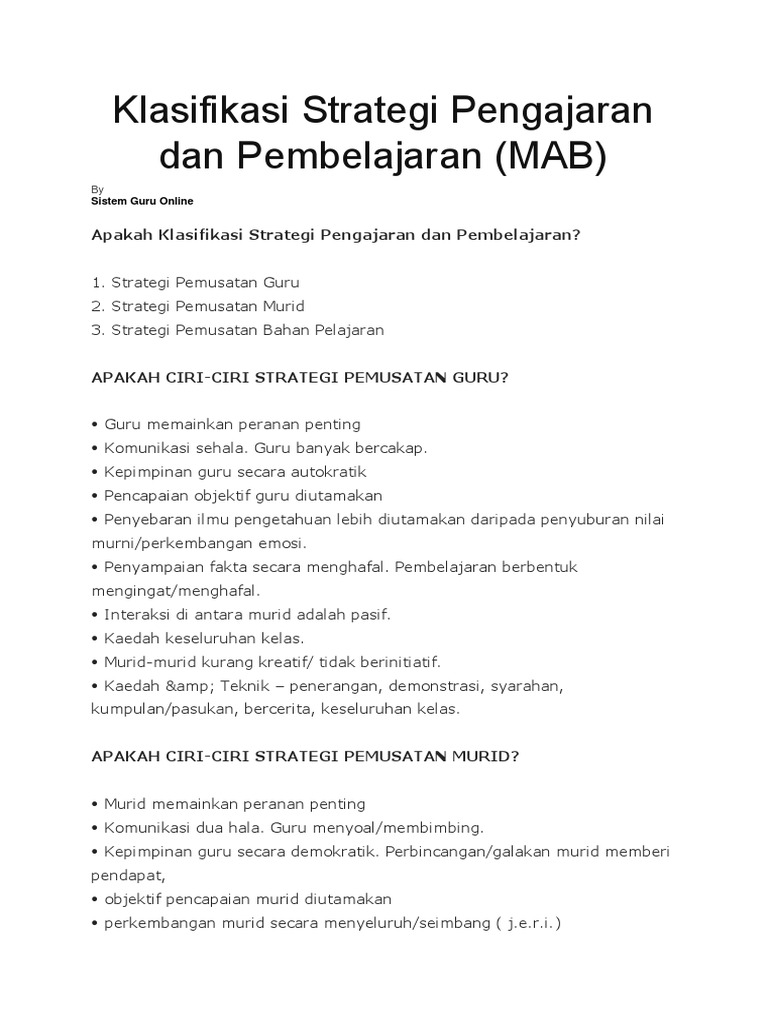 Klasifikasi Strategi Pengajaran Dan Pembelajaran | PDF