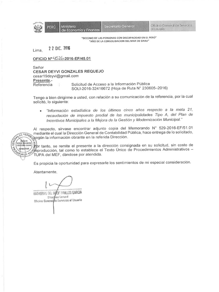 Oficio de Respuesta - Acceso A La Información MEF | PDF