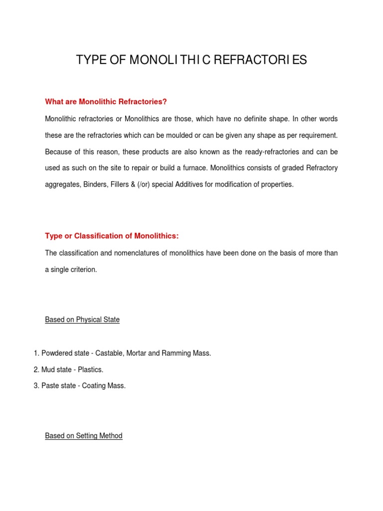 Types of Monolithic Refractories | PDF | Refractory | Building Engineering