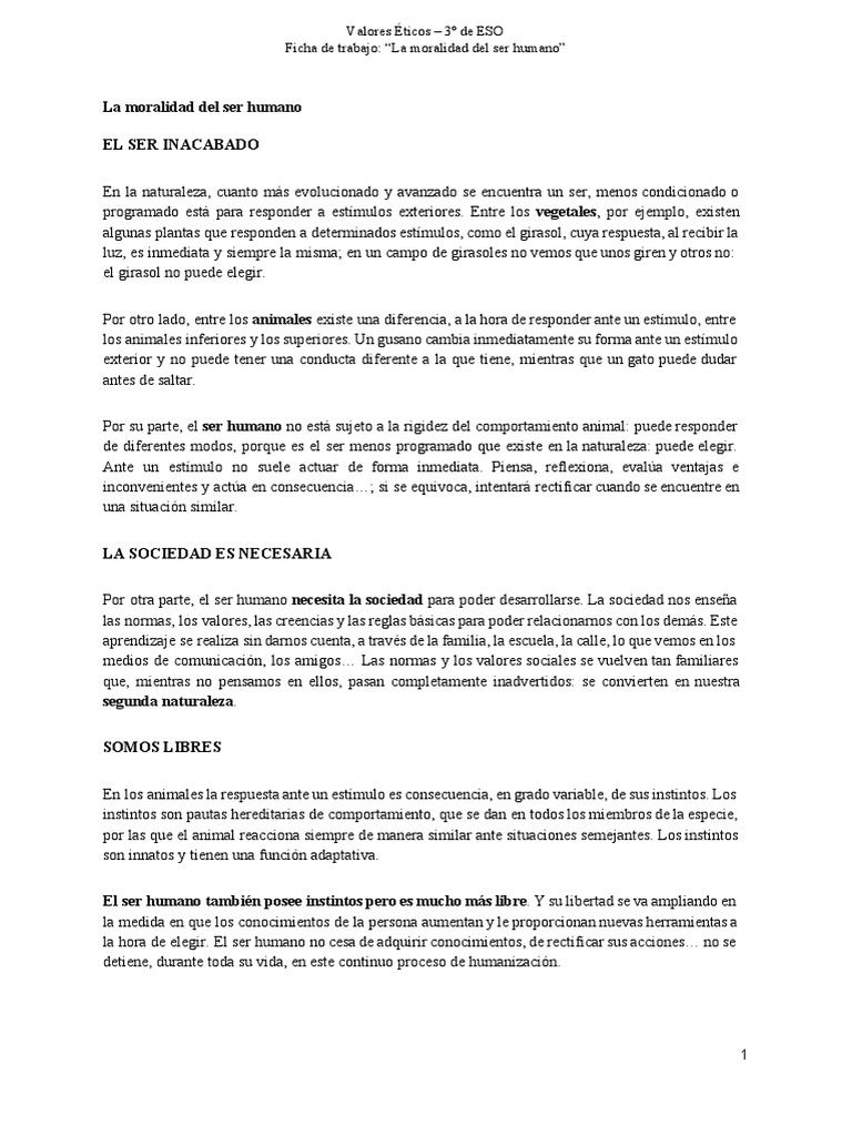 Valores Éticos - 3º de ESO Ficha de Trabajo: "La Moralidad Del Ser Humano" | Descargar gratis ...