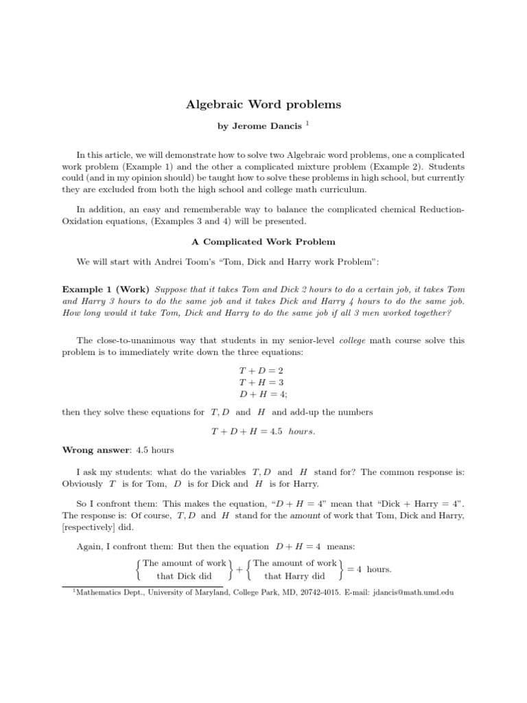 Algebraic Word Problems | PDF | Ion | Acid