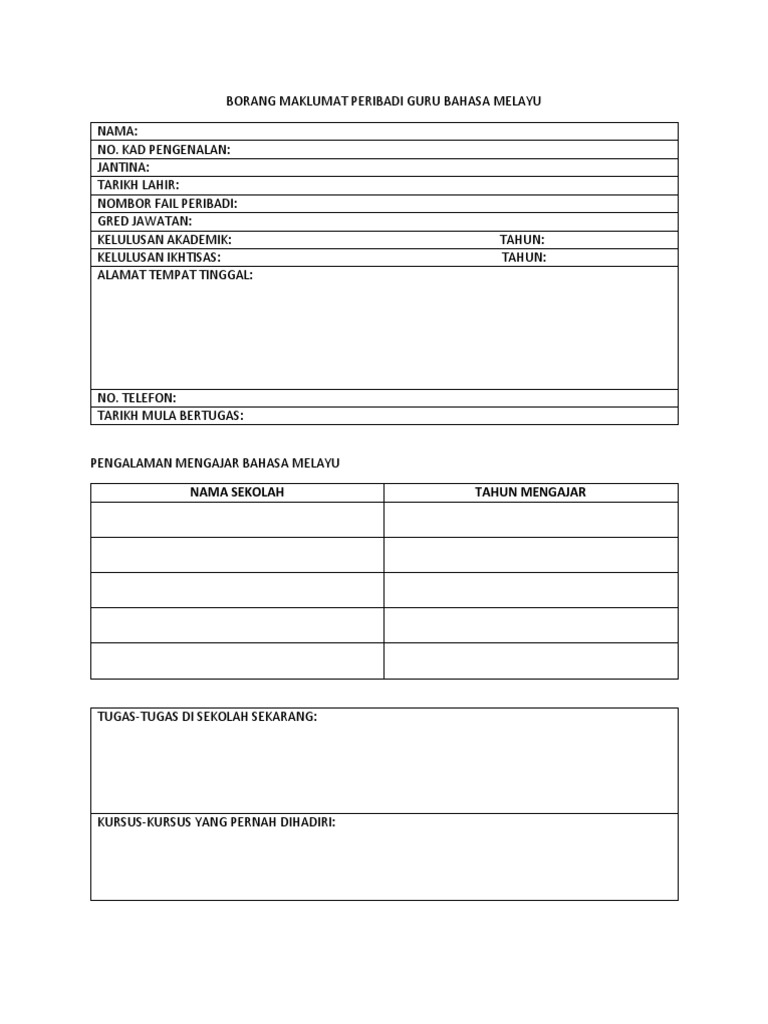 Borang Maklumat Peribadi Guru Bahasa Melayu | PDF