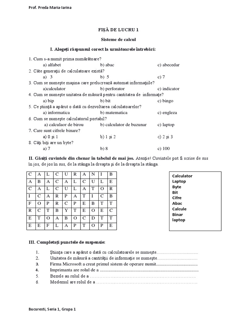 Fisa de Lucru Sisteme de Calcul 1 PDF | PDF