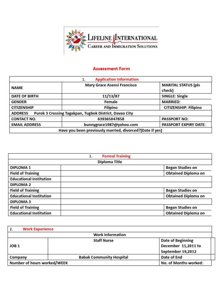 Assessment Form: Application Information | PDF | Résumé | Health Care