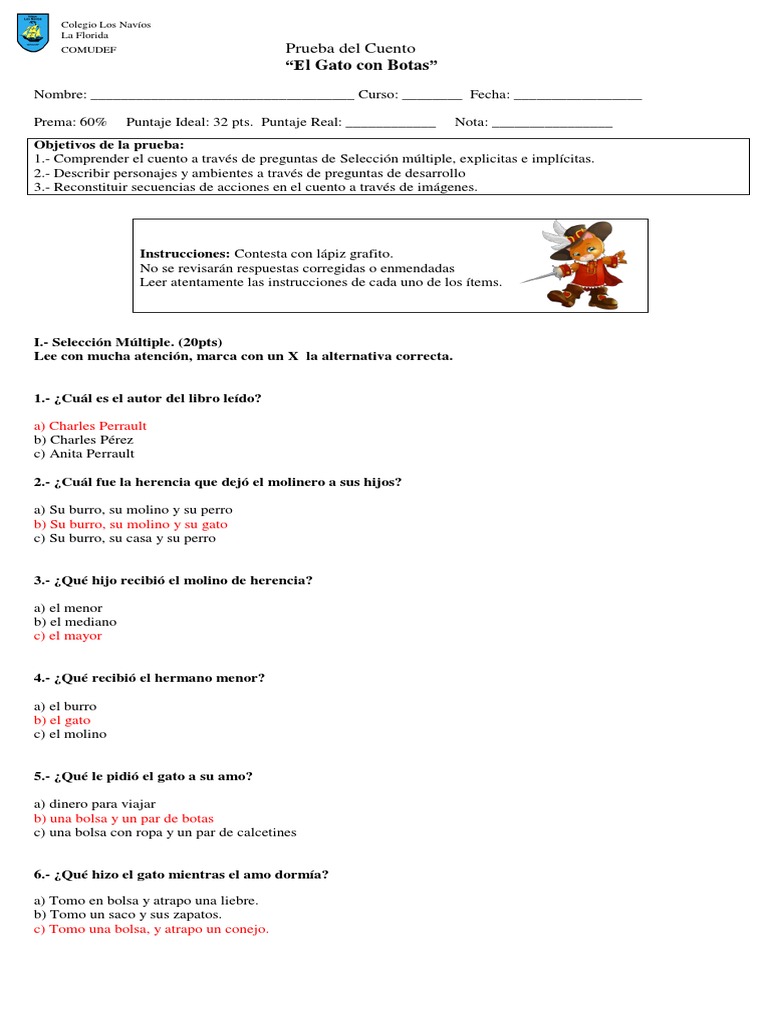 Prueba de Comprensión: El Gato con Botas | PDF | Ocio