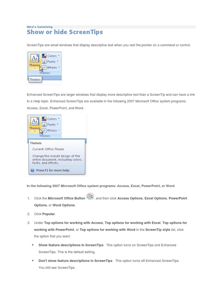 Show or Hide Screentips: Word Customizing | PDF