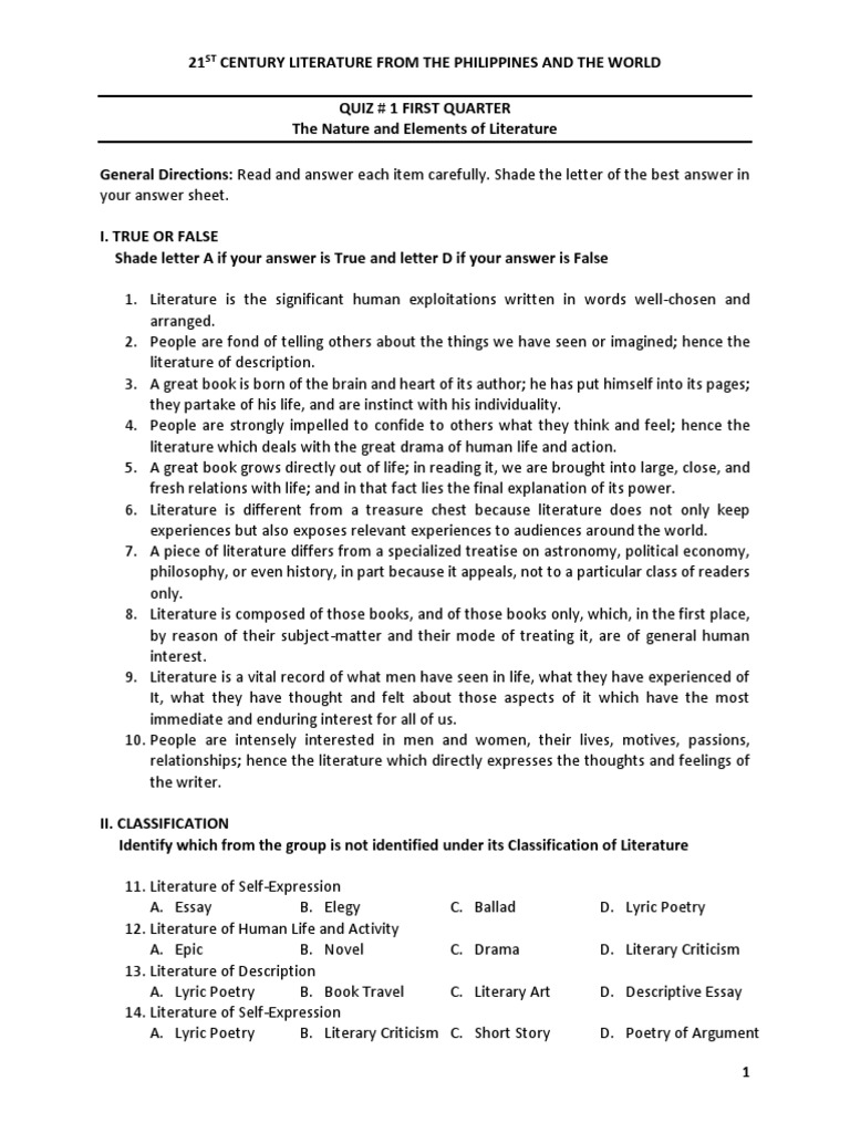 21st Century Literature Quiz | PDF | Essays | Poetry