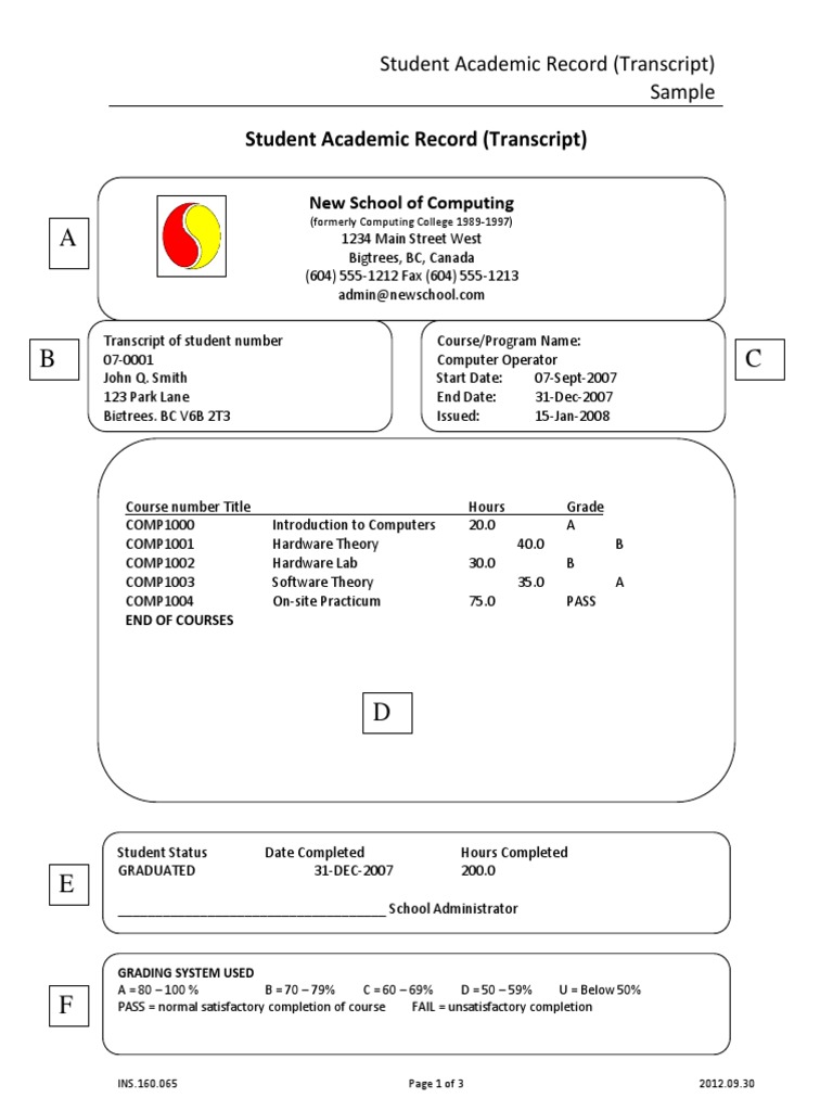 Sample Student Academic Record Transcript INS - 160 - 065 | PDF | Seal ...