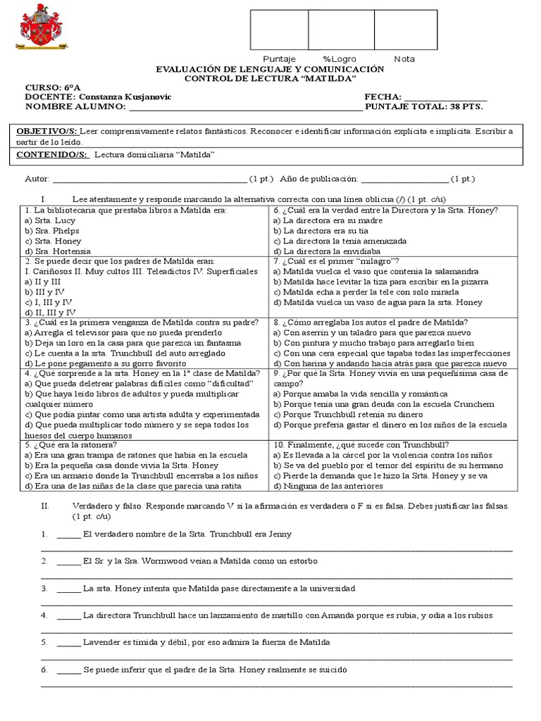 Control de lectura Matilda 6° | PDF | Lectura (proceso)
