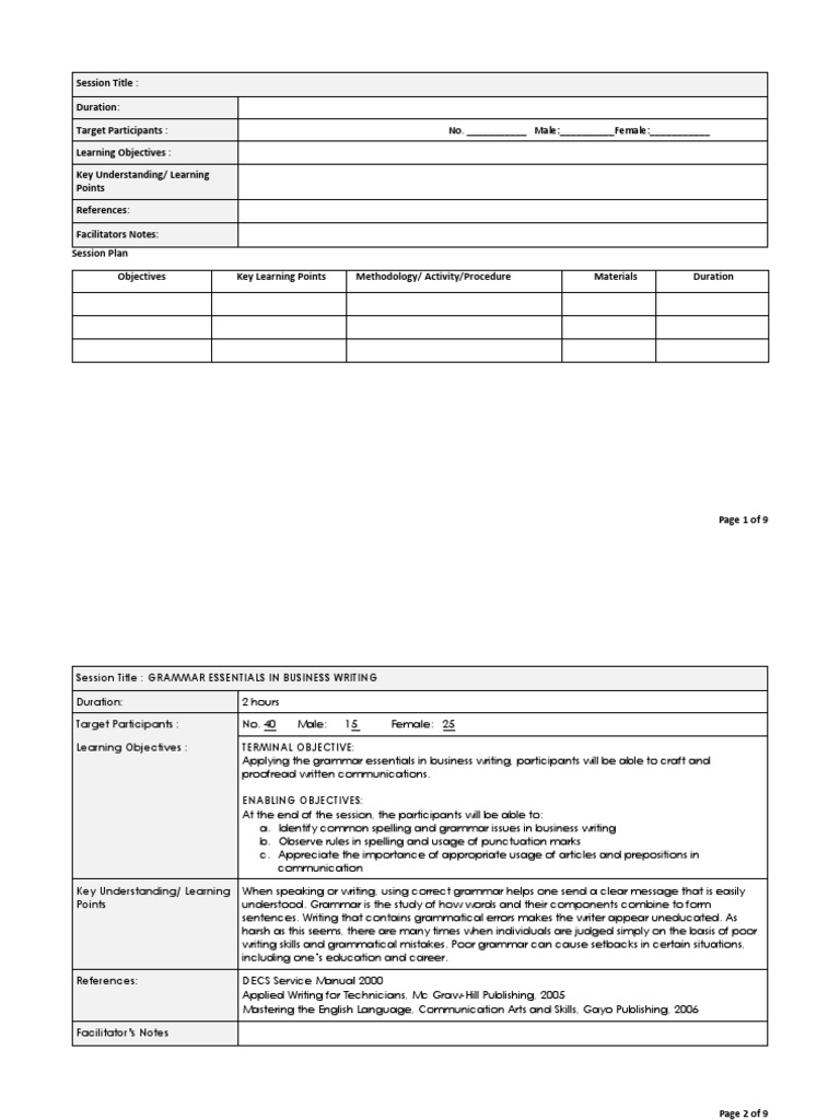 Session Guide Template | PDF | Spelling | Grammar