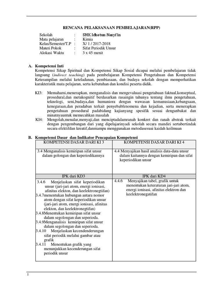 RPP Kimia: Sifat Periodik Unsur | PDF