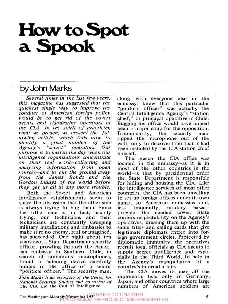 CIA-How To Spot A Spook, John Marks PDF | PDF | Central Intelligence ...