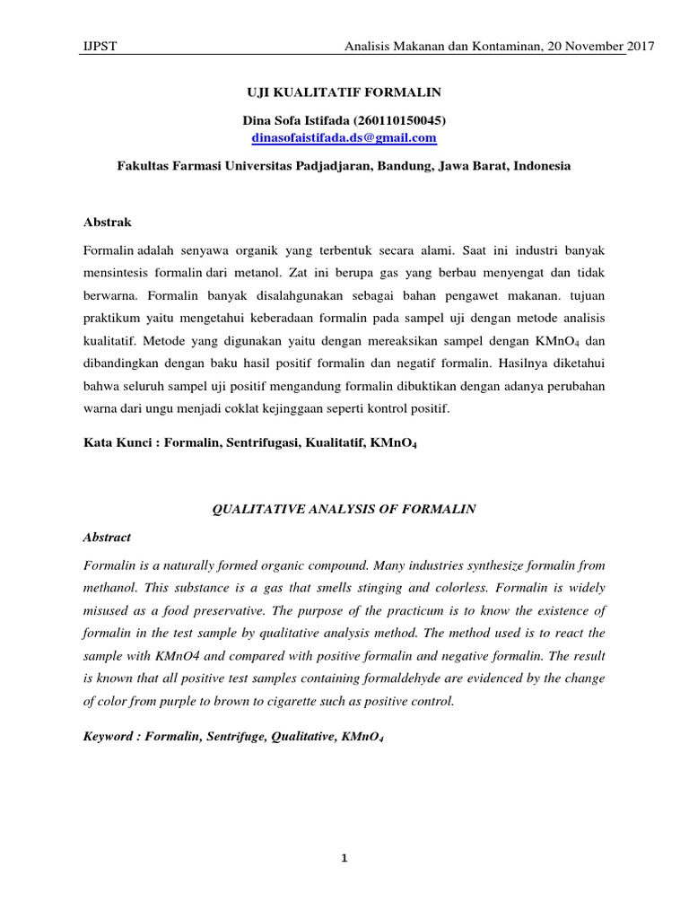 Uji Kualitatif Formalin dengan KMnO4 | PDF