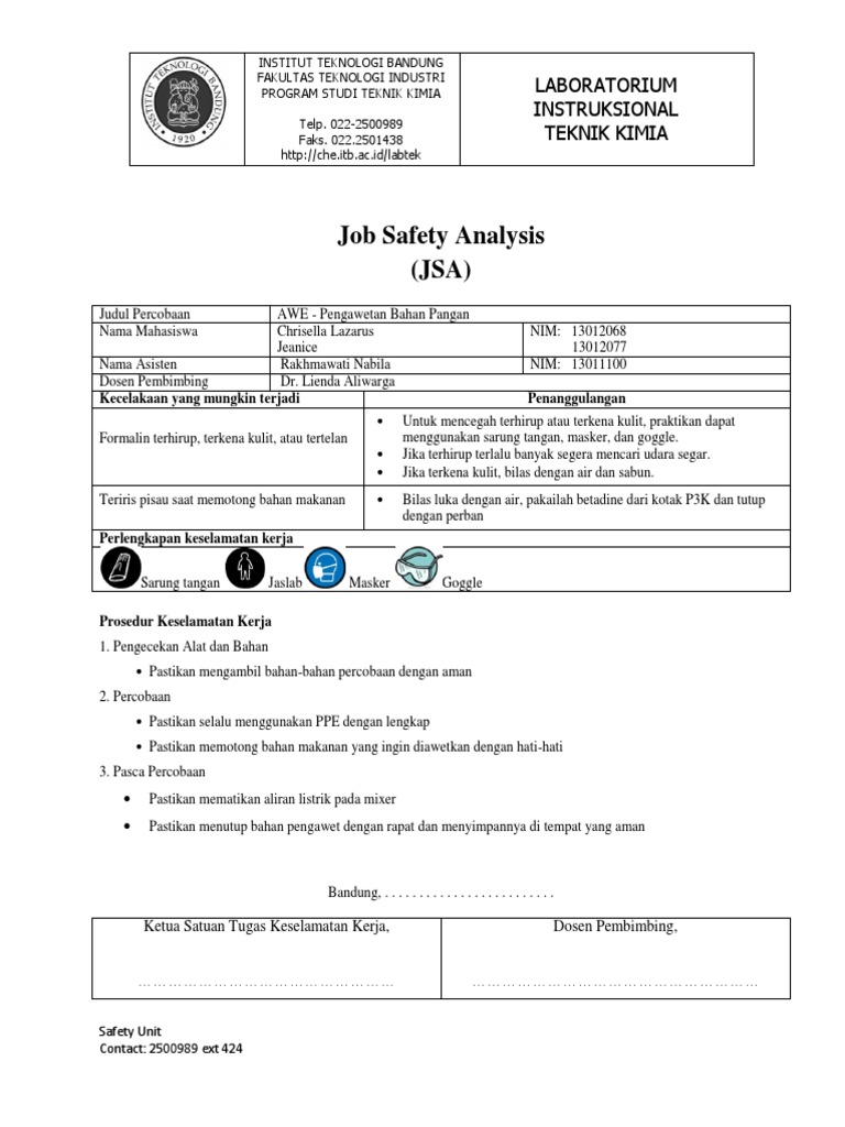 Job Safety Analysis (JSA) : Laboratorium Instruksional Teknik Kimia | PDF