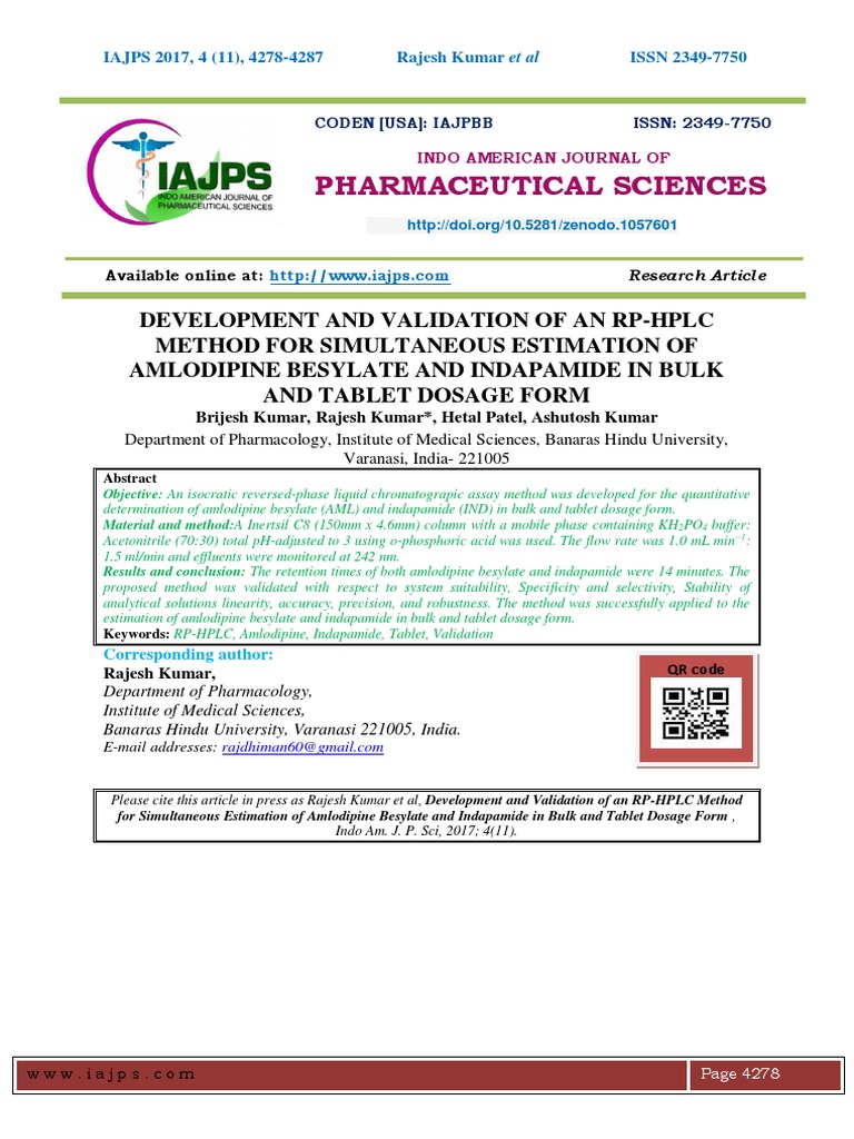 Development and Validation of An RP-HPLC Method For Simultaneous Estimation of Amlodipine ...