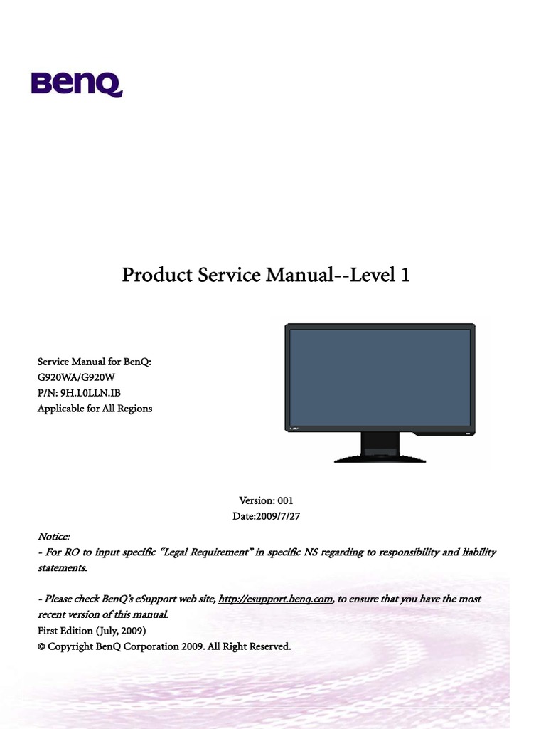 Benq G920wa g920w Service Manual | Download Free PDF | Rectifier | Menu (Computing)