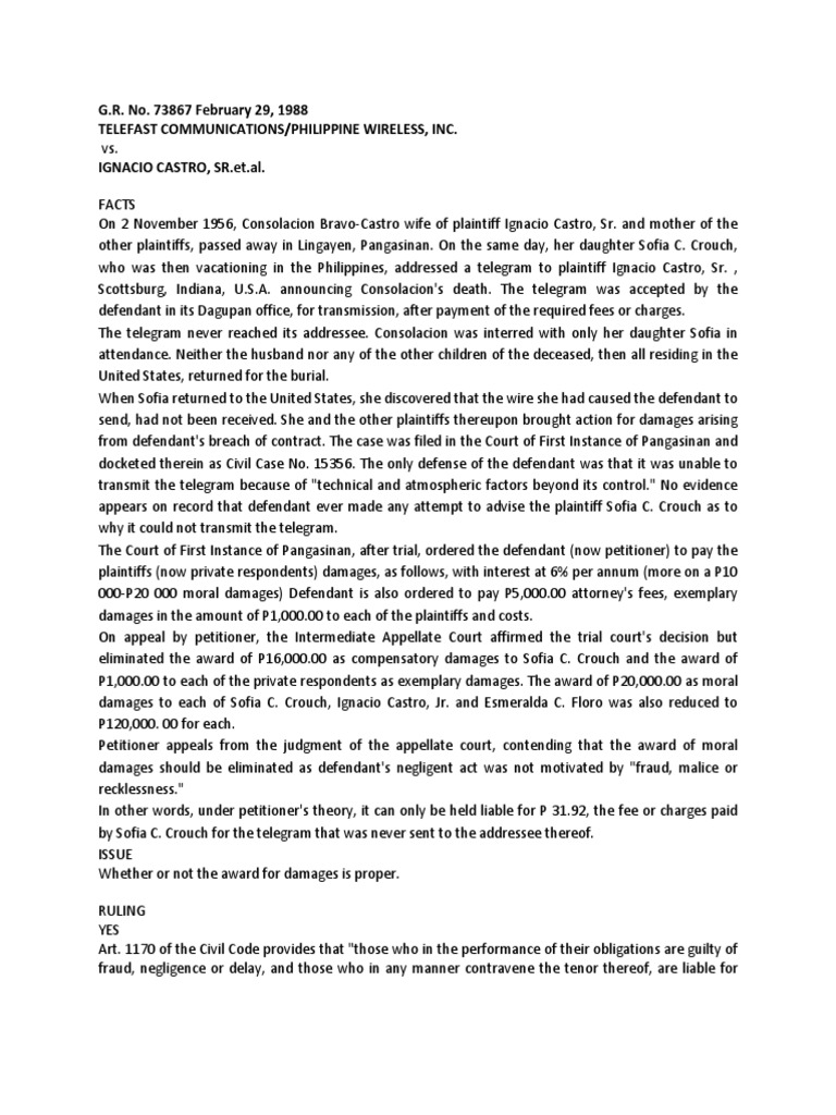 Telefast Communications Vs Castro | PDF | Damages | Negligence