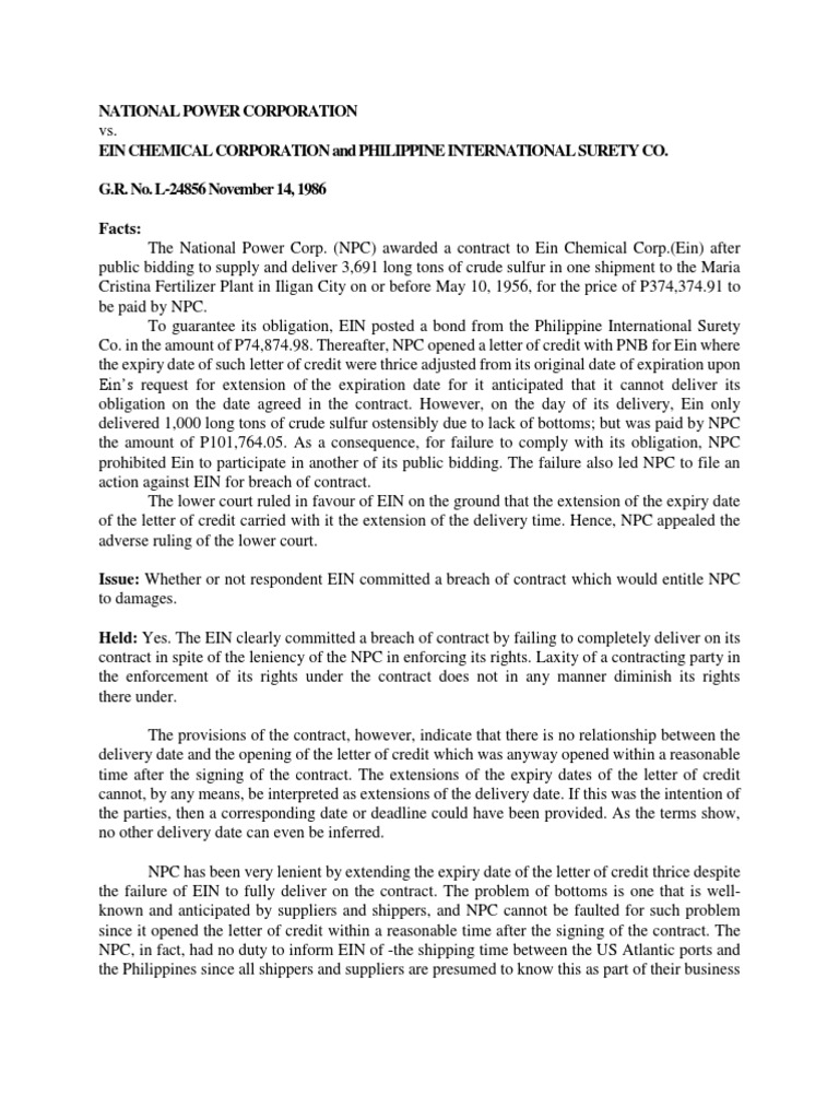 NPC V Ein Chemical Corp and Phil. International Surety Co. | PDF ...