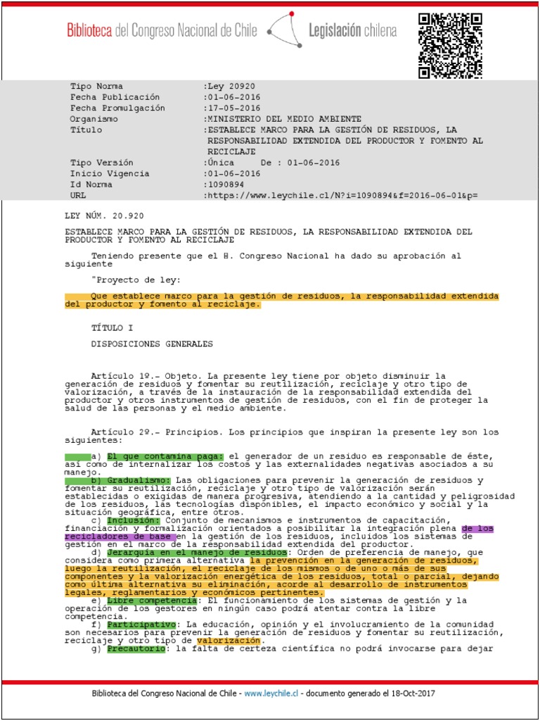 Ley 20920 - 01 Jun 2016 | PDF | Gestión de residuos | Residuos