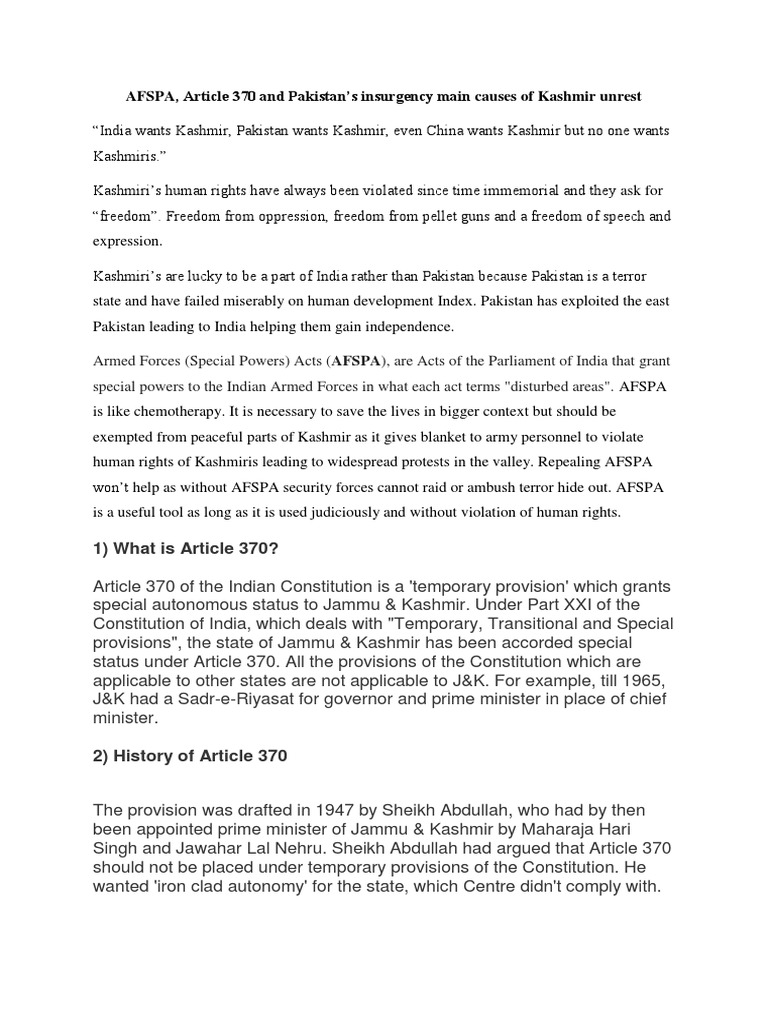AFSPA, Article 370 and Pakistan's Insurgency Main Causes of Kashmir Unrest | PDF | Public Sphere ...