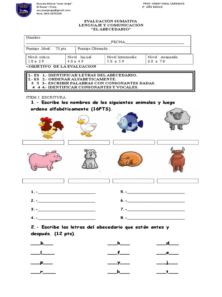Evaluación del Abecedario para Primer Grado | PDF | Alfabeto ...