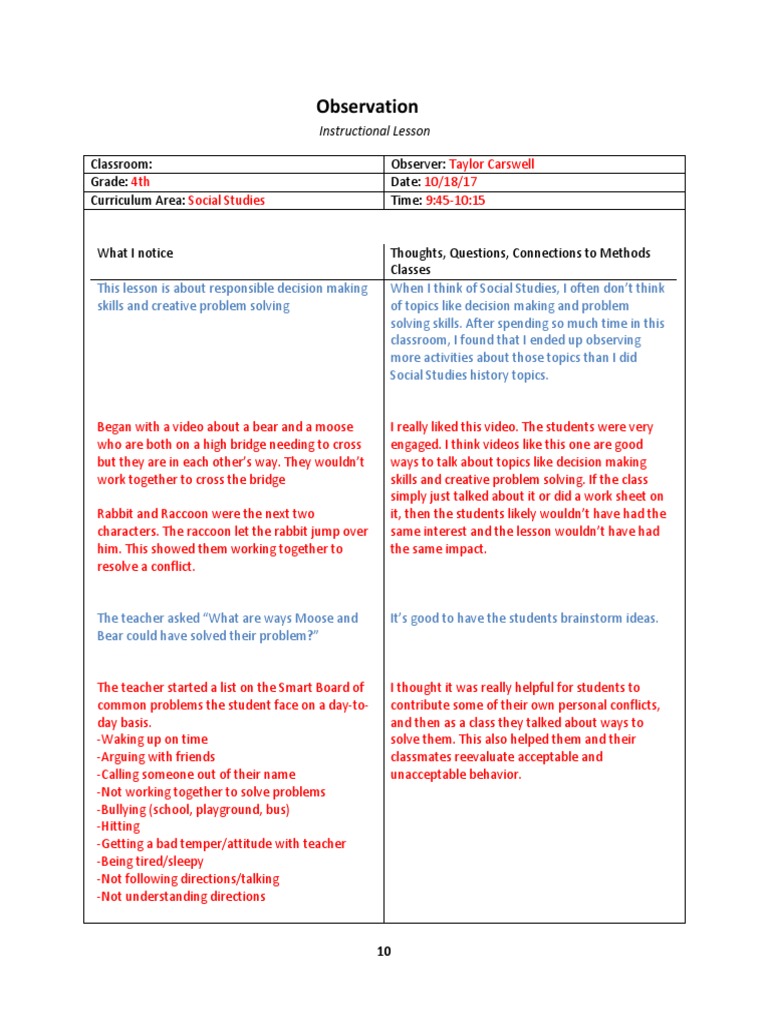 Clinicals Socialstudies Observation Form-2 | PDF | Classroom ...
