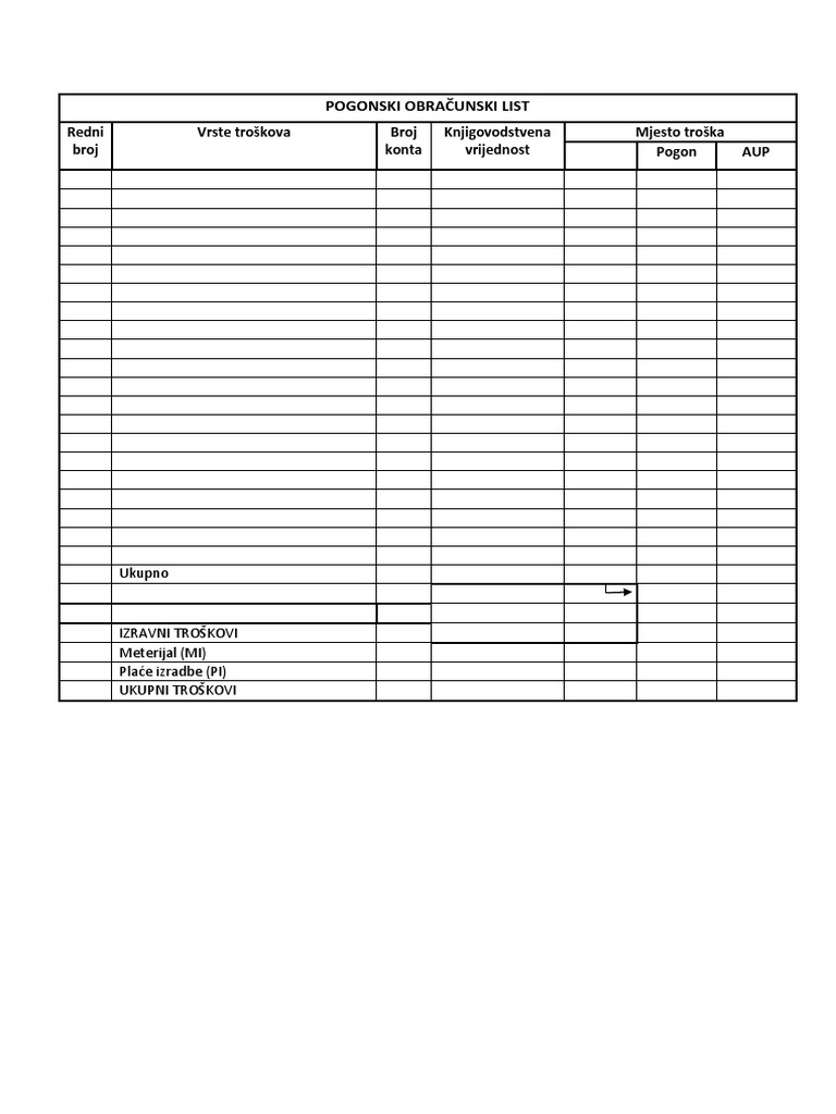 Pogonski Obračunski List - Obrazac