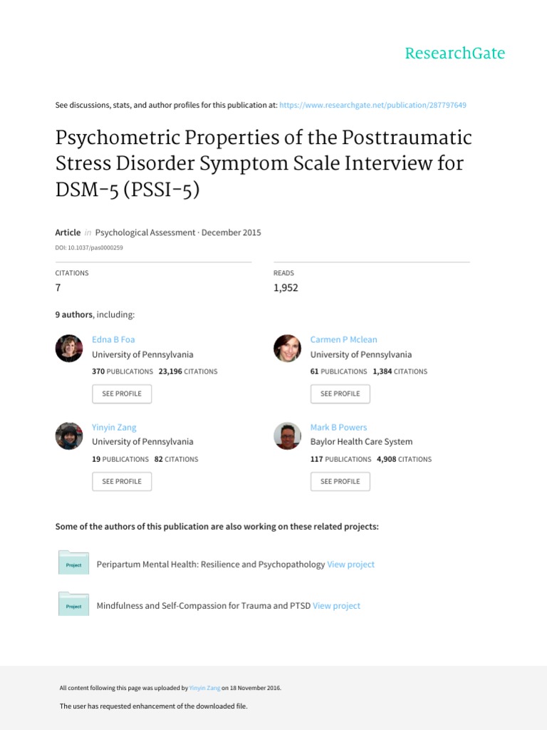 2016 PSSI-5 PsychologicalAssessment | PDF | Posttraumatic Stress ...