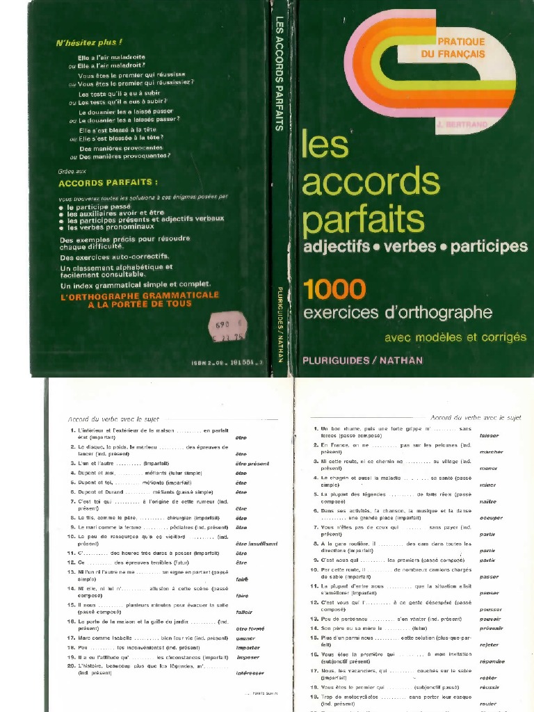 Les Accords Parfaits - Adjectifs Verbes Et Participes - J Bertrand PDF ...