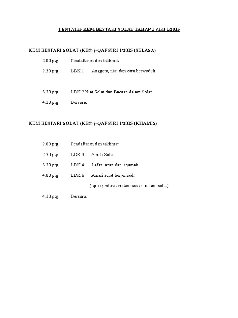 Tentatif Kem Bestari Solat Tahap 1 Siri 1 | PDF