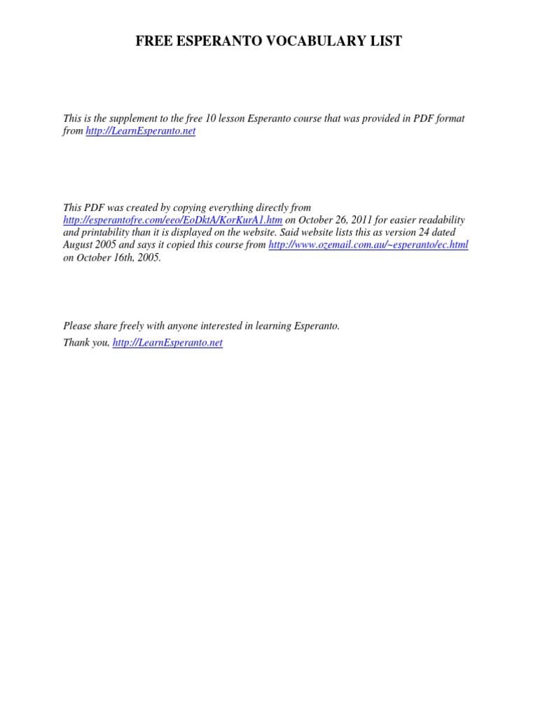 Esperanto Vocabulary List | PDF | Grammar | Linguistic Morphology
