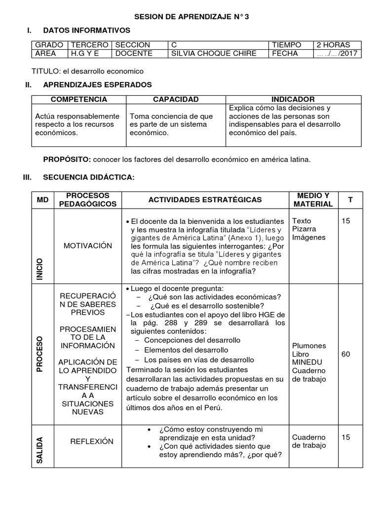 SESION de APRENDIZAJE N5 El Desarrollo Economico 3ro | PDF | Aprendizaje | Maestros
