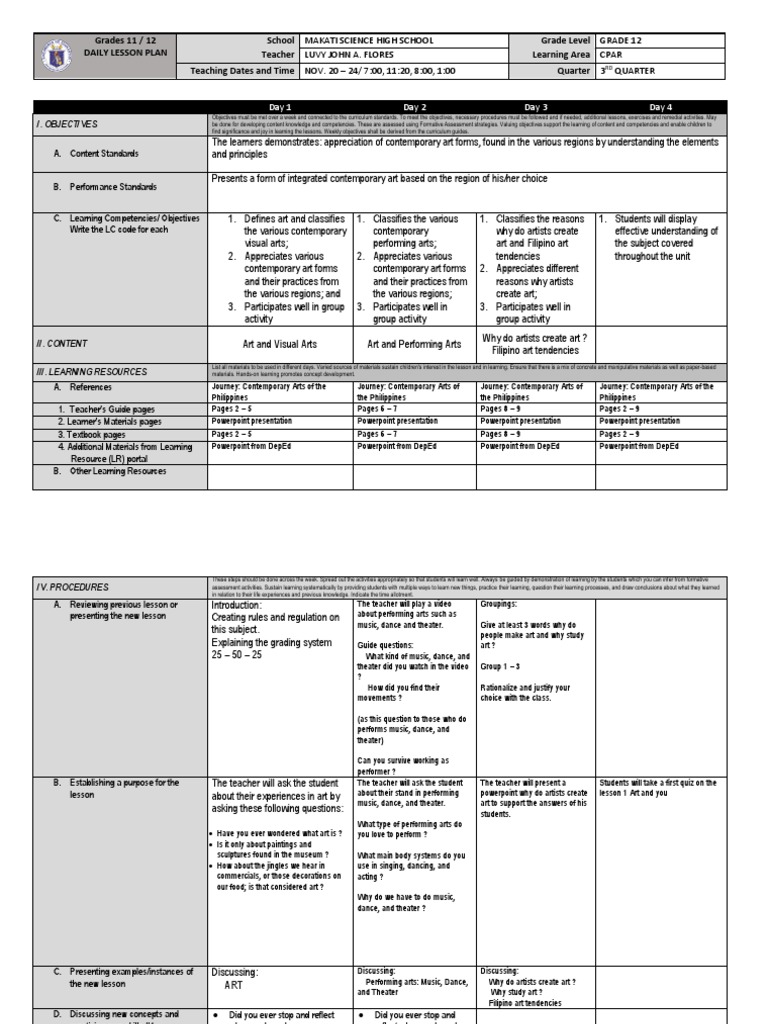 Grade 12 Contemporary Arts Lesson Plan | PDF | Lesson Plan | Curriculum