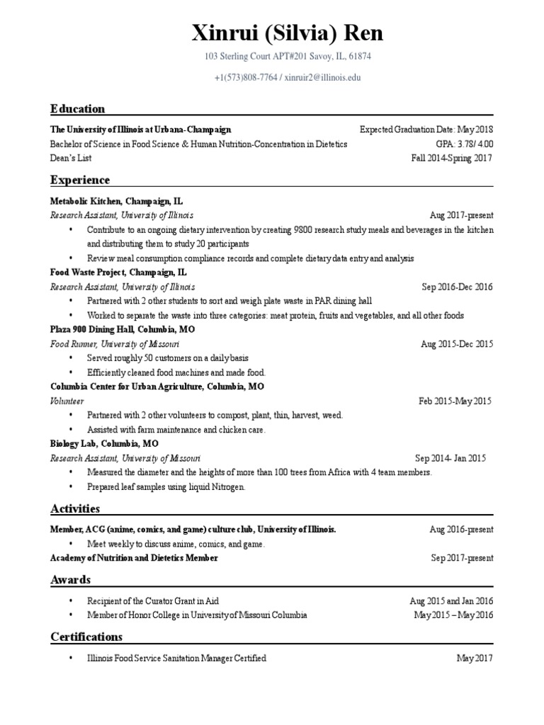 Resume Sep29 | PDF | University Of Illinois At Urbana–Champaign | Dietitian