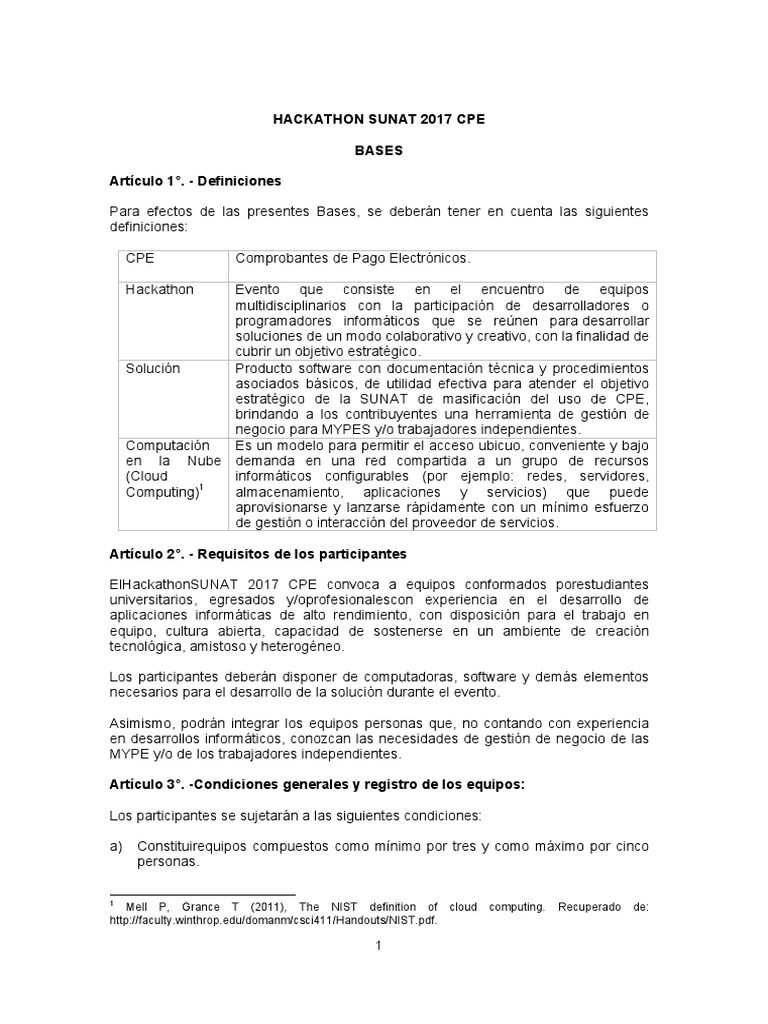 Bases Hackathon SUNAT 2017 CPE | PDF | Aplicación movil | Computación en la nube
