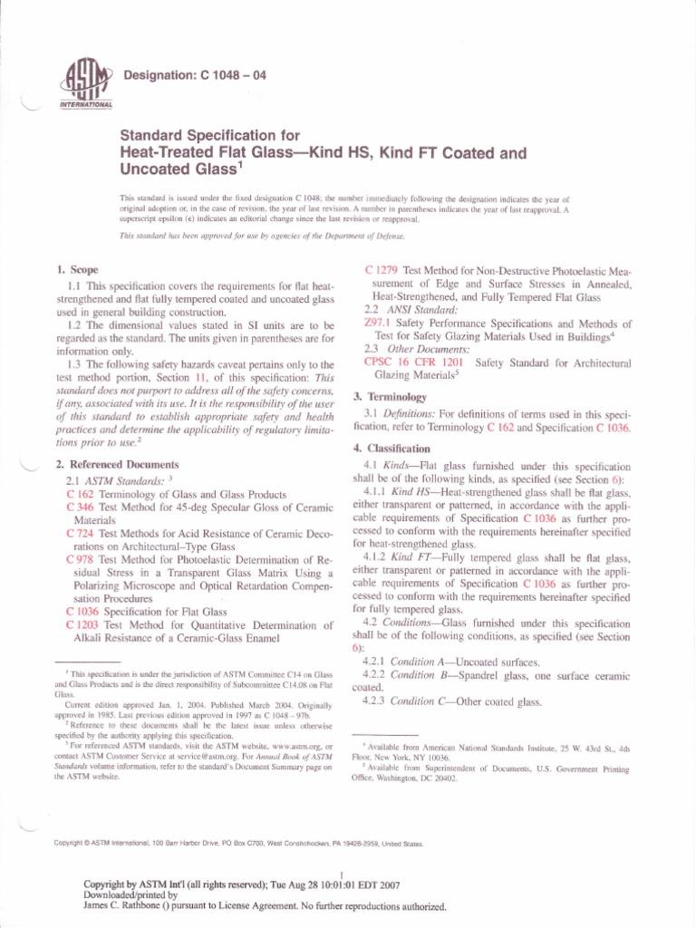 Astm c1048 Specification For Heat Treated Flat Glass | PDF | Glasses ...