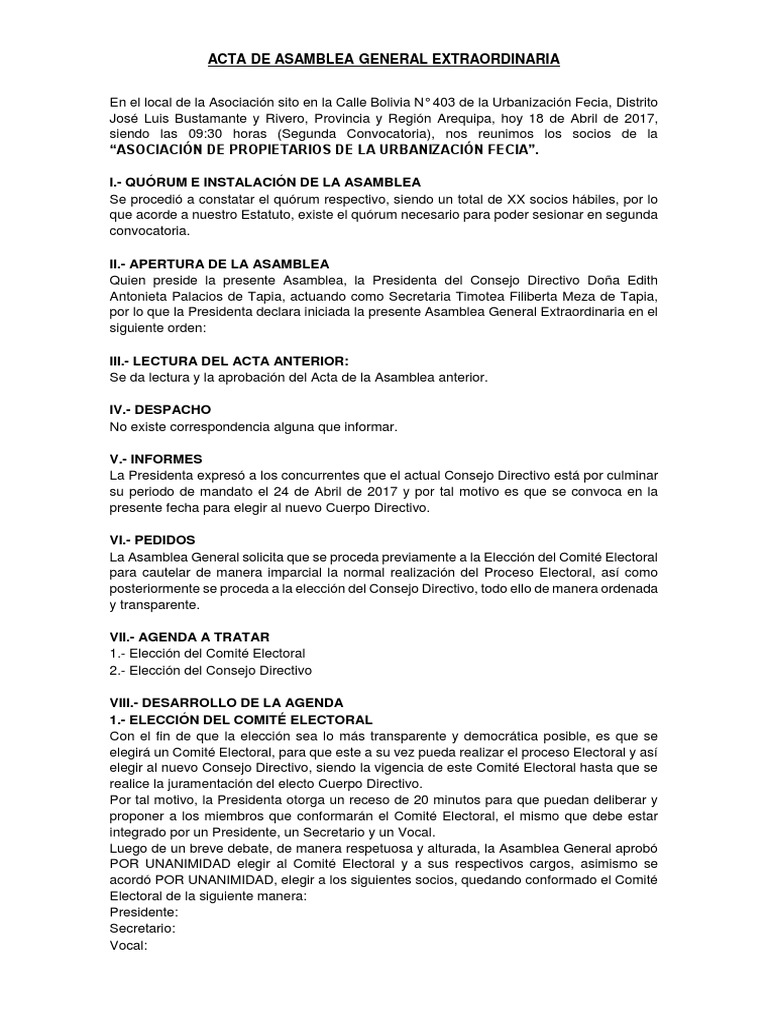 Acta de Asamblea General Extraordinaria - Eleccion Junta Directiva Fecia | Elecciones | Votación ...
